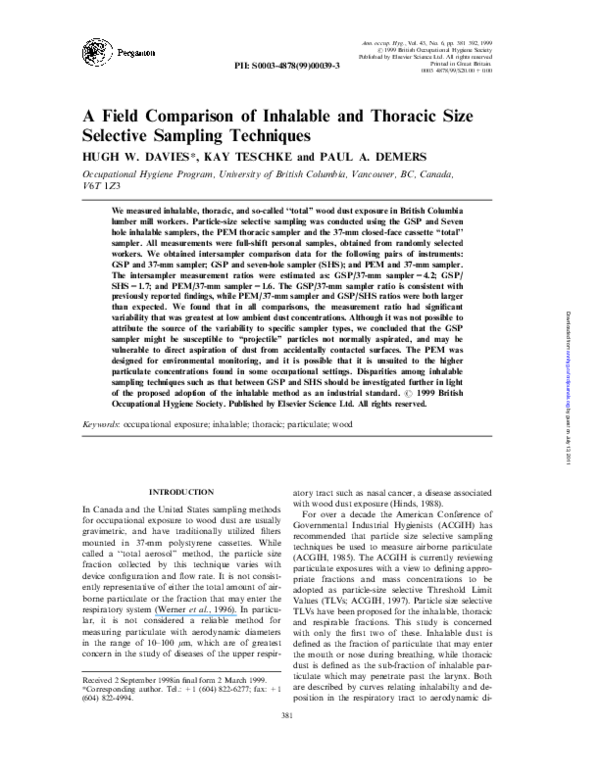 Pdf A Field Comparison Of Inhalable And Thoracic Size Selective Sampling Techniques