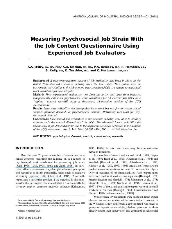 (PDF) Measuring psychosocial job strain with the job content ...