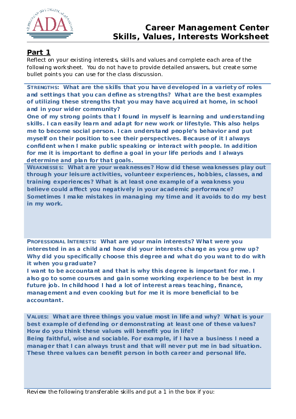 (DOC) Skills Interests and Values Matching Worksheet