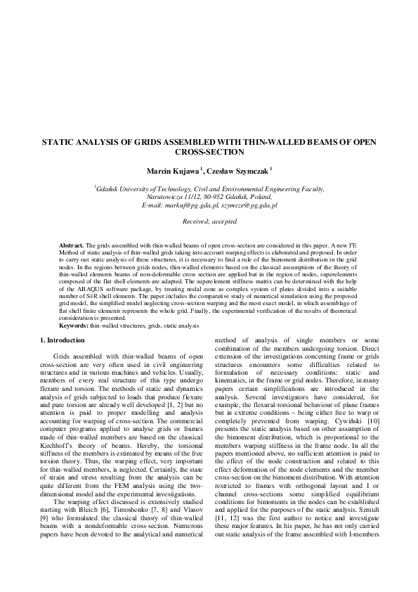 (PDF) Static analysis of grids assembled with thin-walled beams of open cross-section