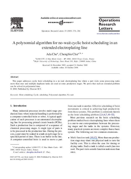 Pdf A Polynomial Algorithm For No Wait Cyclic Hoist Scheduling In An Extended Electroplating Line