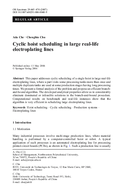 (PDF) Cyclic Hoist Scheduling in Electroplating Lines