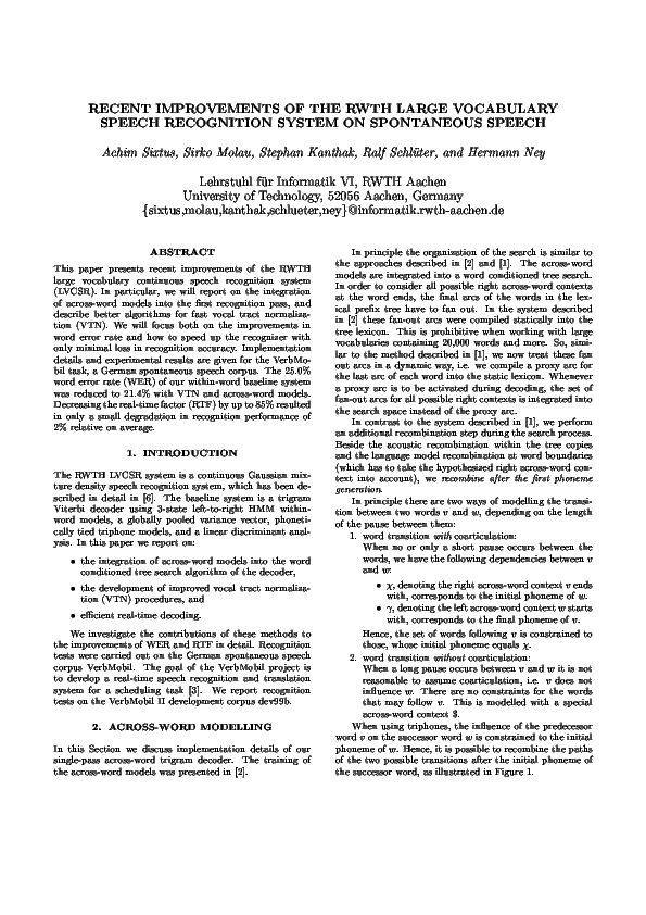 (PDF) Recent improvements of the RWTH large vocabulary speech recognition system on spontaneous ...