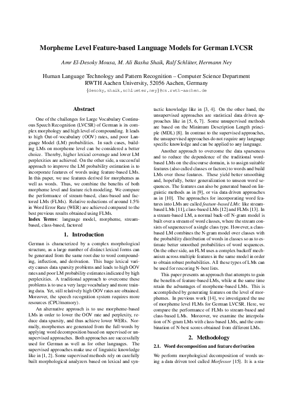 (PDF) Morpheme Level Feature-based Language Models for German LVCSR
