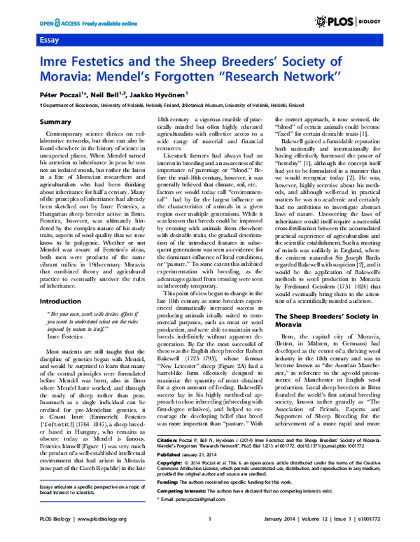 (PDF) Imre Festetics and the Sheep Breeders' Society of Moravia: Mendel ...