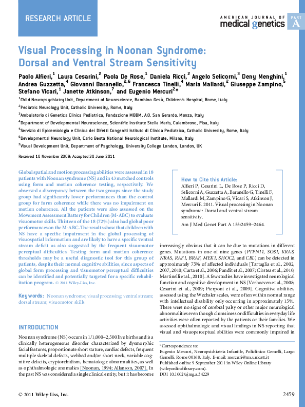 (PDF) Visual processing in Noonan syndrome: Dorsal and ventral stream ...