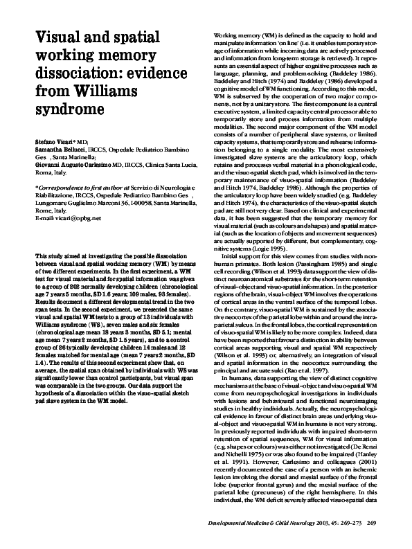 (PDF) Visual and spatial working memory dissociation: evidence from Williams syndrome