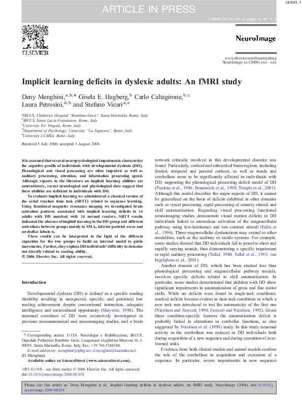 (PDF) Implicit learning deficits in dyslexic adults: An fMRI study