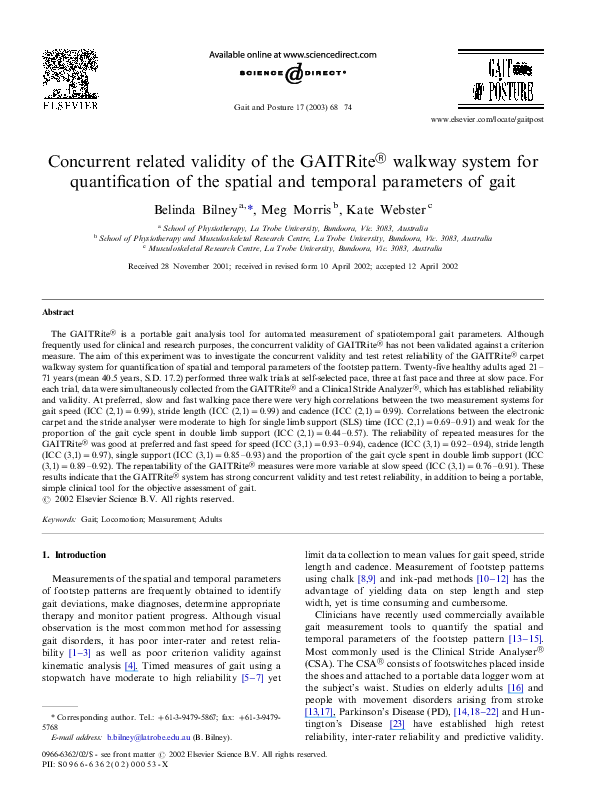Pdf Concurrent Related Validity Of The Gaitrite® Walkway System For Quantification Of The