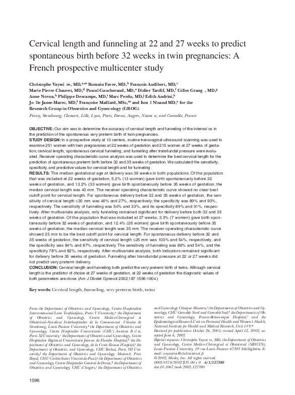 (PDF) Cervical length and funneling at 22 and 27 weeks to predict ...