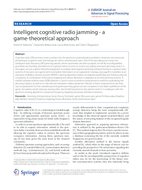 Pdf Intelligent Cognitive Radio Jamming A Game Theoretical Approach