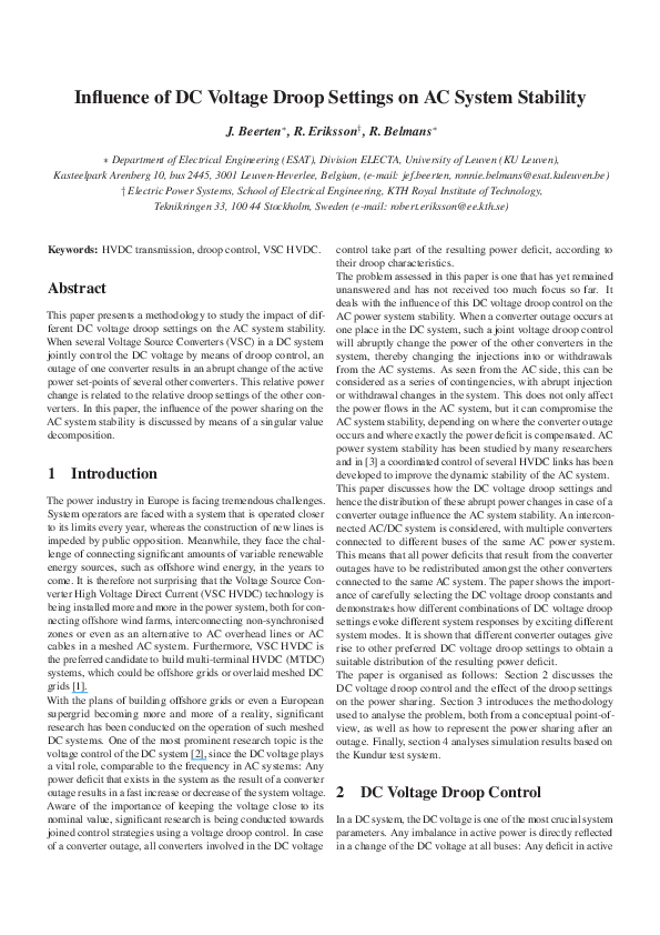 (PDF) Influence of DC voltage droop settings on AC system stability
