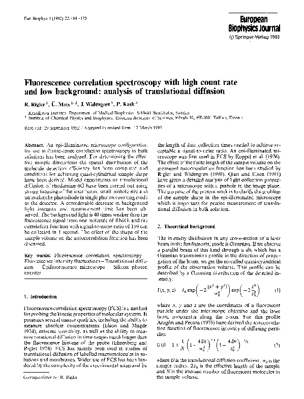 (PDF) Fluorescence correlation spectroscopy with high count rate and low background: analysis of ...