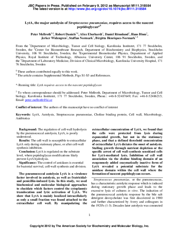 (PDF) LytA, Major Autolysin of Streptococcus pneumoniae, Requires ...