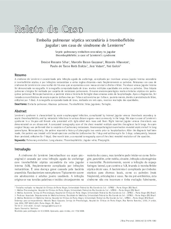 (PDF) Embolia pulmonar séptica secundária à tromboflebite jugular: um ...