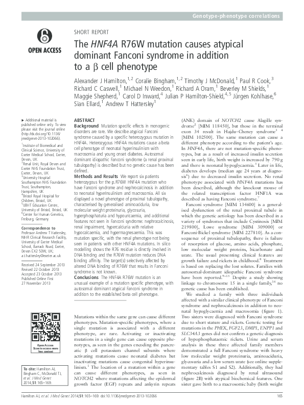 (PDF) The HNF4A R76W mutation causes atypical dominant Fanconi syndrome ...
