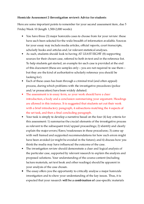 (DOC) Homicide Assessment 2 (Investigation review): Advice for students