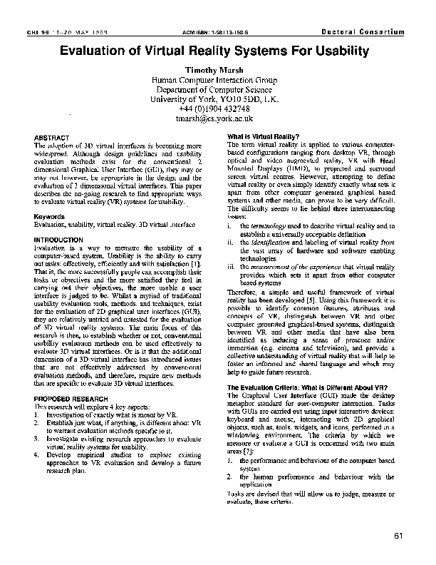 (PDF) Evaluation of virtual reality systems for usability