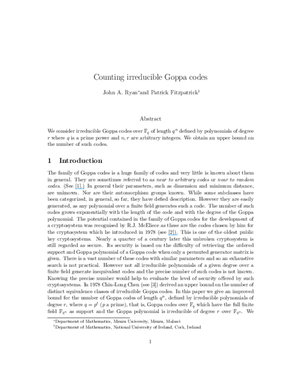 Pdf Counting Irreducible Goppa Codes