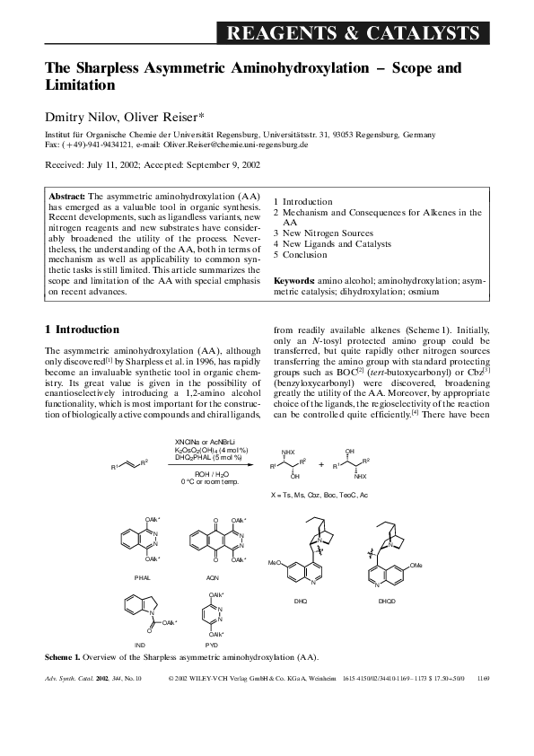 (PDF) The Sharpless Asymmetric Aminohydroxylation -Scope and Limitation