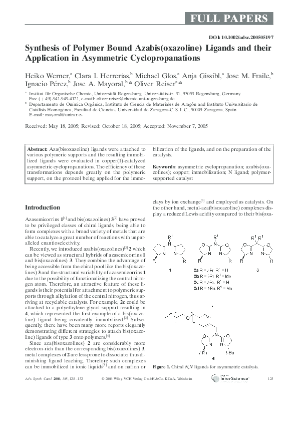 (PDF) Synthesis of Polymer Bound Azabis(oxazoline) Ligands and their ...