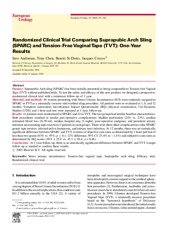 (PDF) Randomized Clinical Trial Comparing Suprapubic Arch Sling (SPARC ...