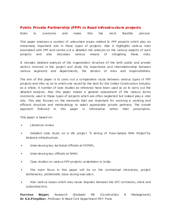 (DOC) Public Private Partnership (PPP) in Road Infrastructure projects ...