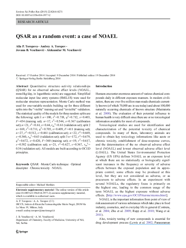 (PDF) QSAR Models for NOAEL Using SMILES and Monte Carlo
