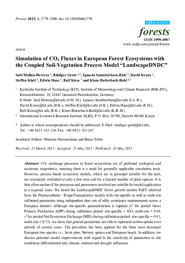 (PDF) Article Simulation of CO2 Fluxes in European Forest Ecosystems with the Coupled Soil ...