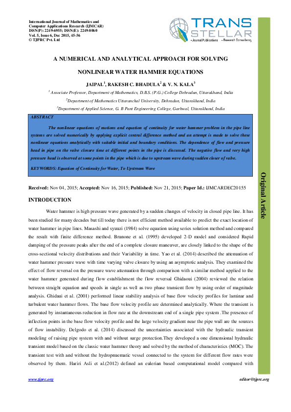 A NUMERICAL AND ANALYTICAL APPROACH FOR SOLVING NONLINEAR WATER HAMMER ...