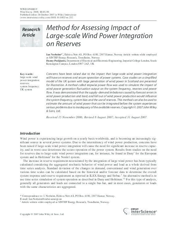 (PDF) Method for assessing impact of large-scale wind power integration on reserves