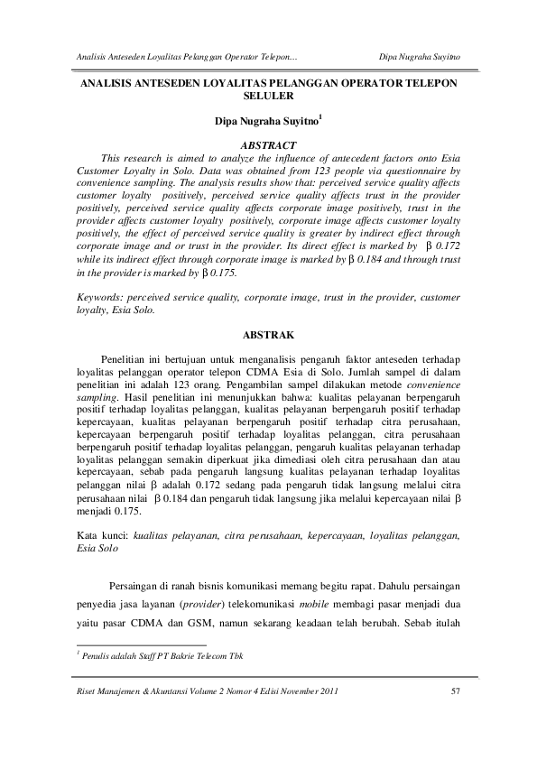 (PDF) Analisis Anteseden Loyalitas Pelanggan Operator Telepon Seluler