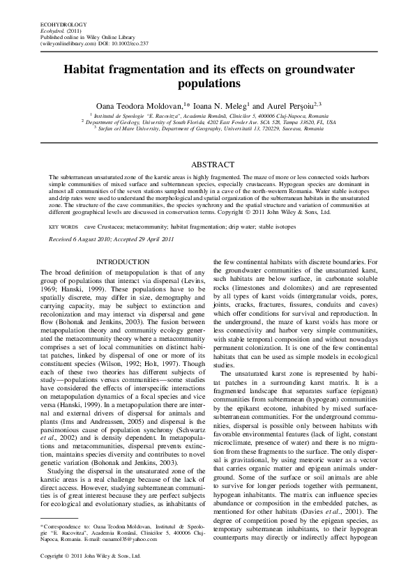 (PDF) Habitat fragmentation and its effects on groundwater populations