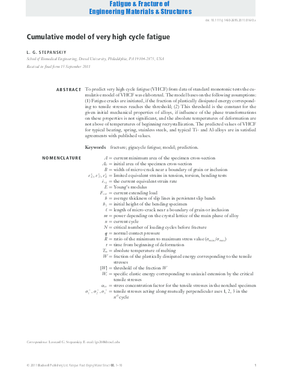(PDF) Cumulative model of very high cycle fatigue