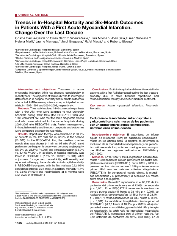 Pdf Trends In In Hospital Mortality And Six Month Outcomes In 6318