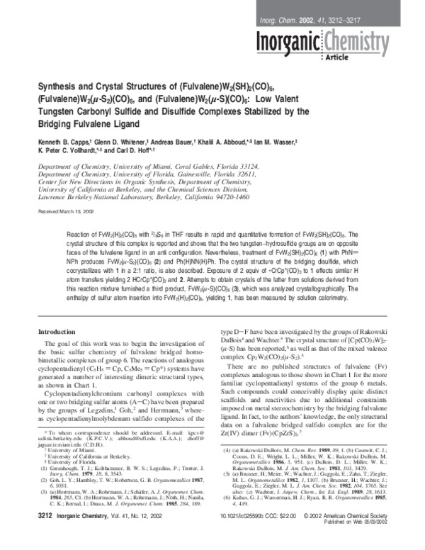 (PDF) Synthesis and Crystal Structures of (Fulvalene)W 2 (SH) 2 (CO) 6 ...