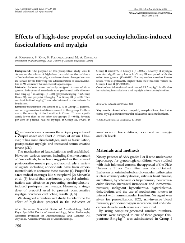 (PDF) Effects of high-dose propofol on succinylcholine-induced ...