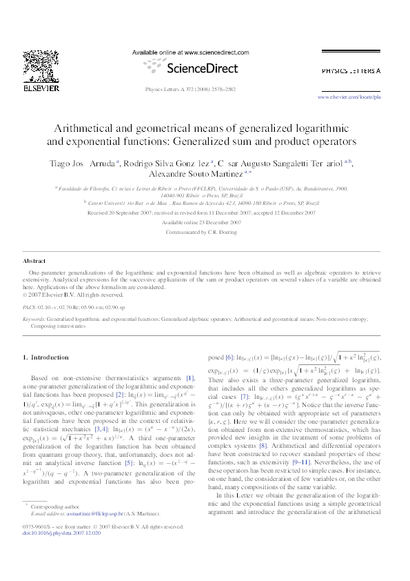 (PDF) Arithmetical and geometrical means of generalized logarithmic and exponential functions ...