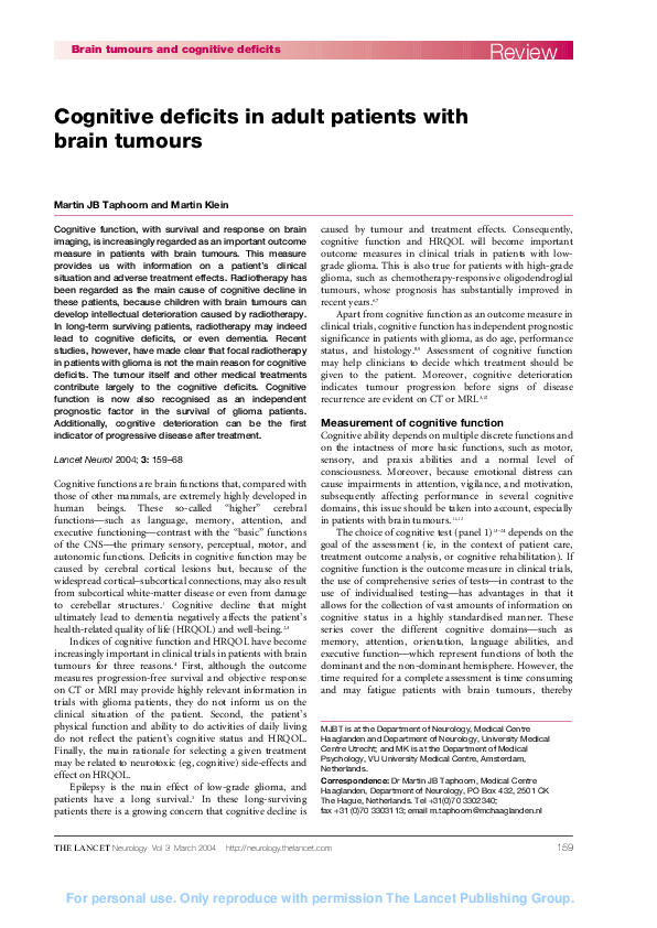 (PDF) Cognitive deficits in adult patients with brain tumours