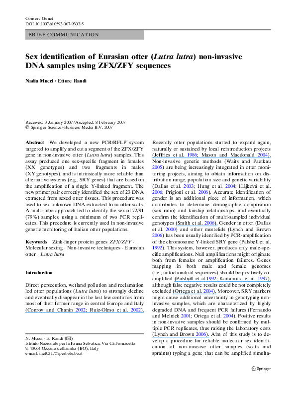 Pdf Sex Identification Of Eurasian Otter Lutra Lutra Non Invasive