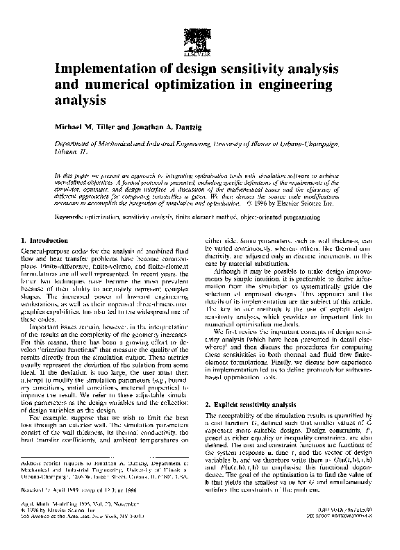Pdf Implementation Of Design Sensitivity Analysis And Numerical Optimization In Engineering