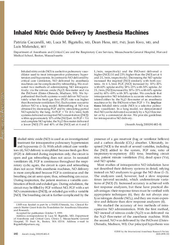 (PDF) Inhaled Nitric Oxide Delivery by Anesthesia Machines