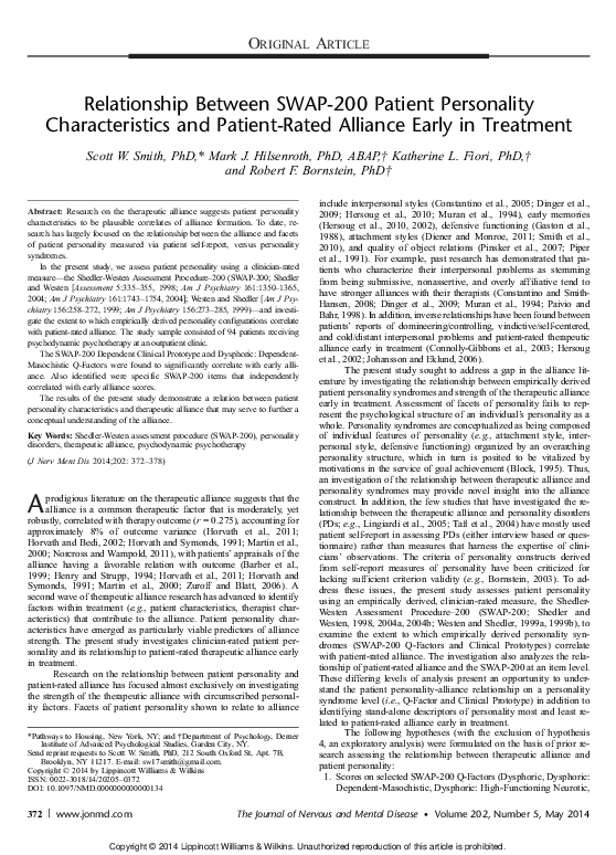 (PDF) Relationship Between SWAP-200 Patient Personality Characteristics ...