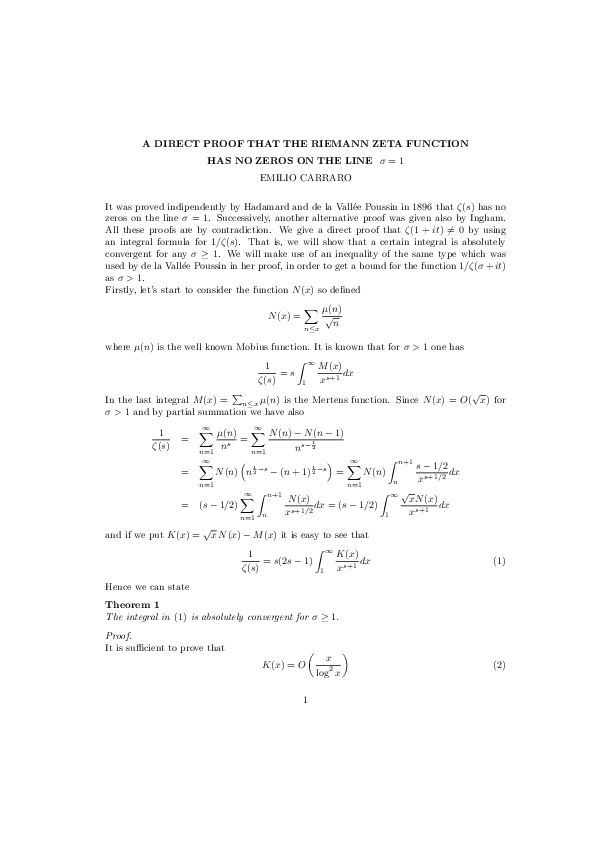 (PDF) A DIRECT PROOF THAT THE RIEMANN ZETA FUNCTION HAS NO ZEROS ON THE ...