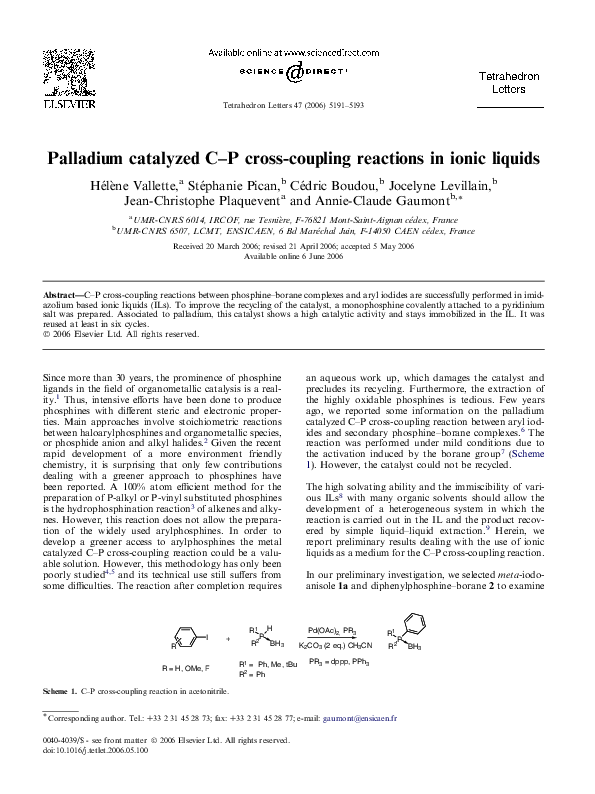 (PDF) Palladium catalyzed C–P cross-coupling reactions in ionic liquids