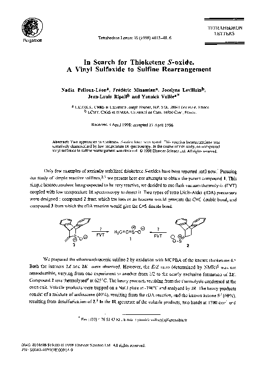 (PDF) In search for thioketene S-oxide. A vinyl sulfoxide to sulfine ...