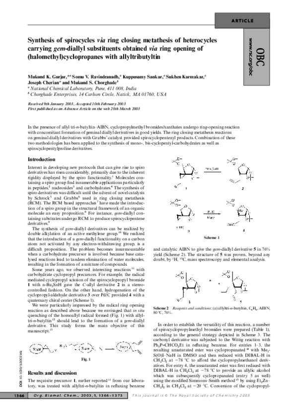 (PDF) Synthesis of spirocycles via ring closing metathesis of ...