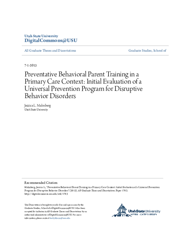 (PDF) Preventative Behavioral Parent Training in a Primary Care Context: Initial Evaluation of a ...