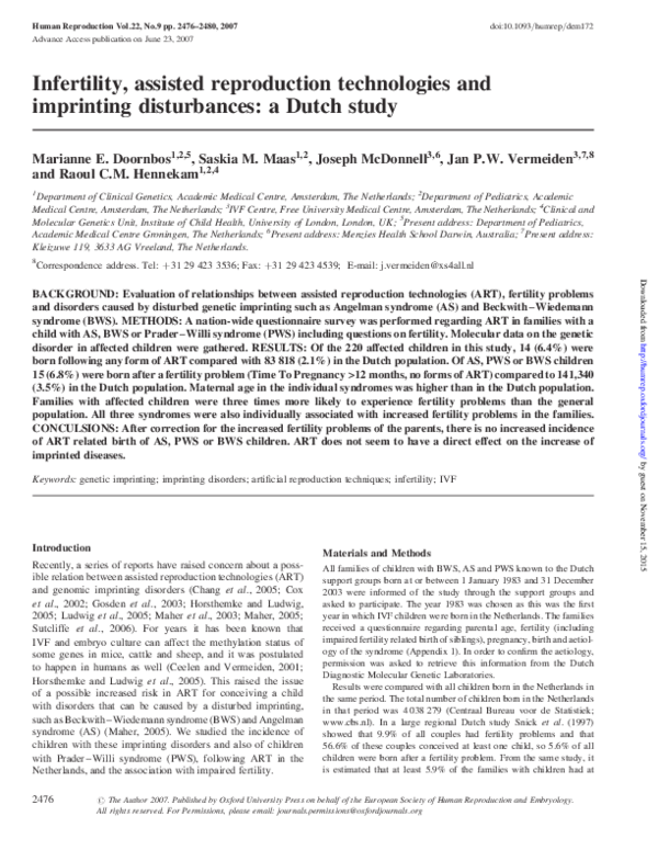 (PDF) Infertility, assisted reproduction technologies and imprinting disturbances: a Dutch study