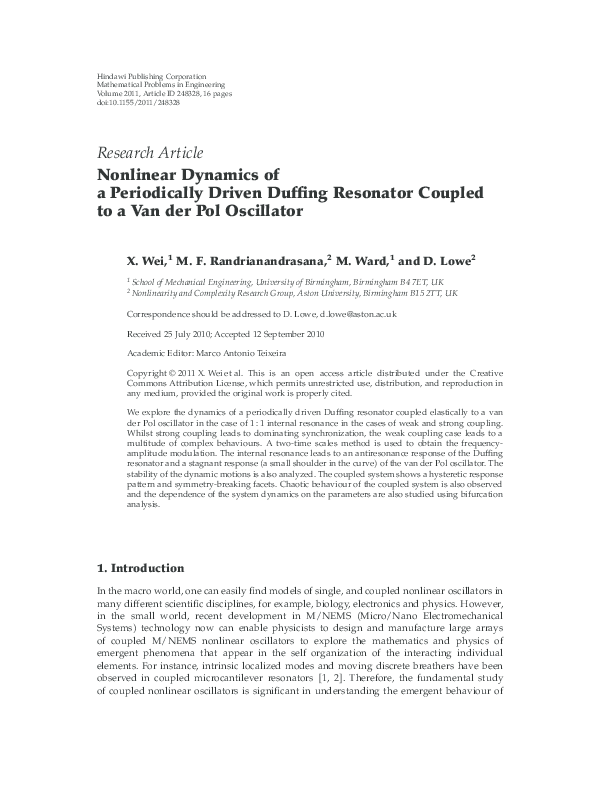 (PDF) Nonlinear Dynamics of a Periodically Driven Duffing Resonator Coupled to a Van der Pol ...
